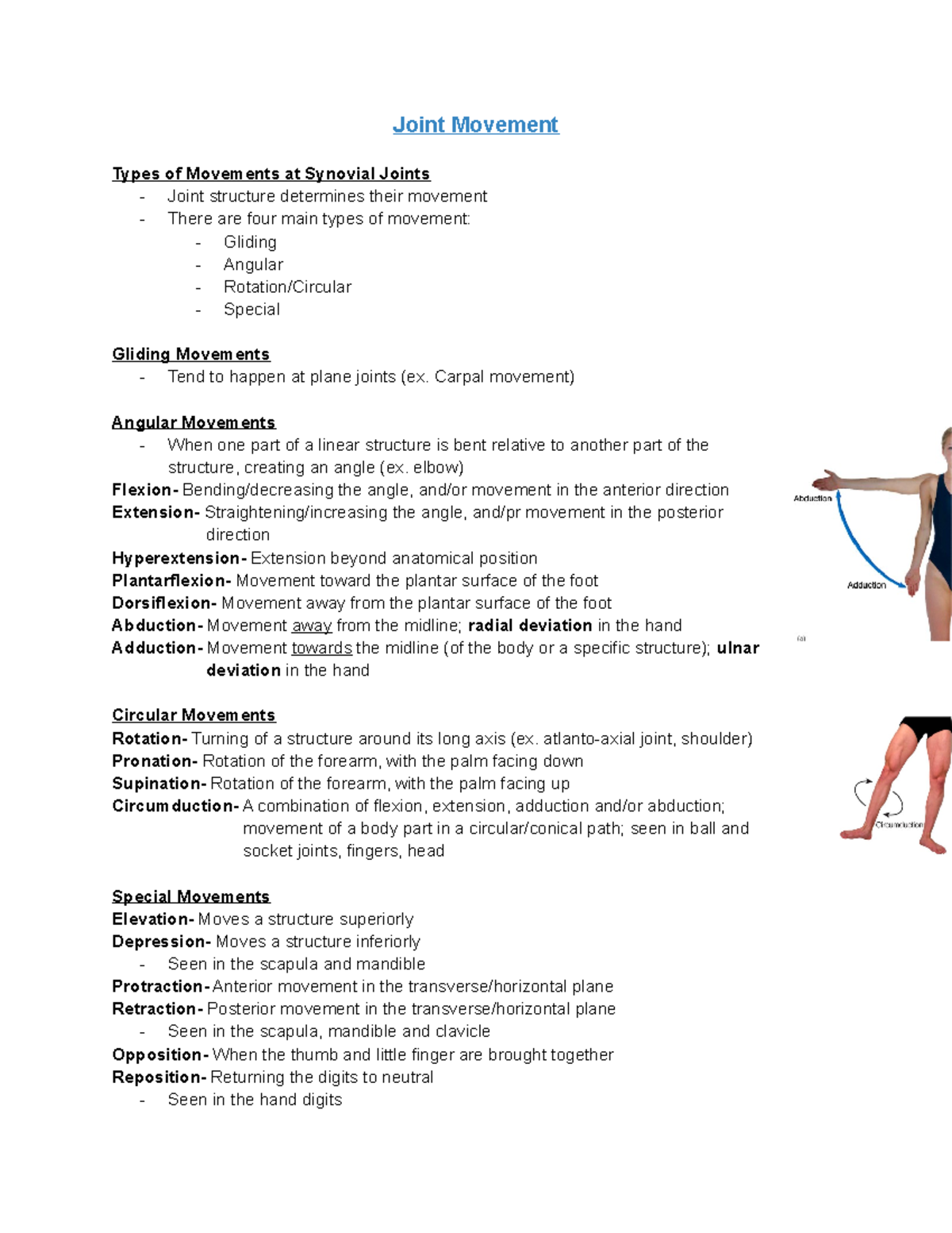 L29; Joint Movement - Lecture notes 29 - Joint Movement Types of ...