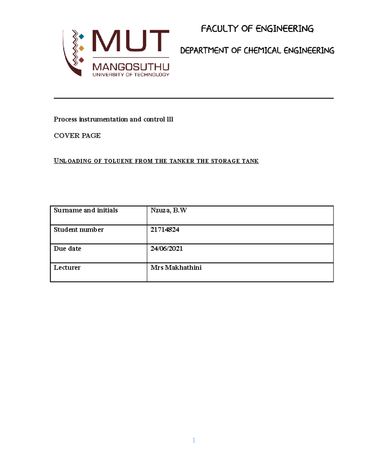 Control Assignment - Process instrumentation and control lll COVER PAGE U NLOADING OF TOLUENE ...