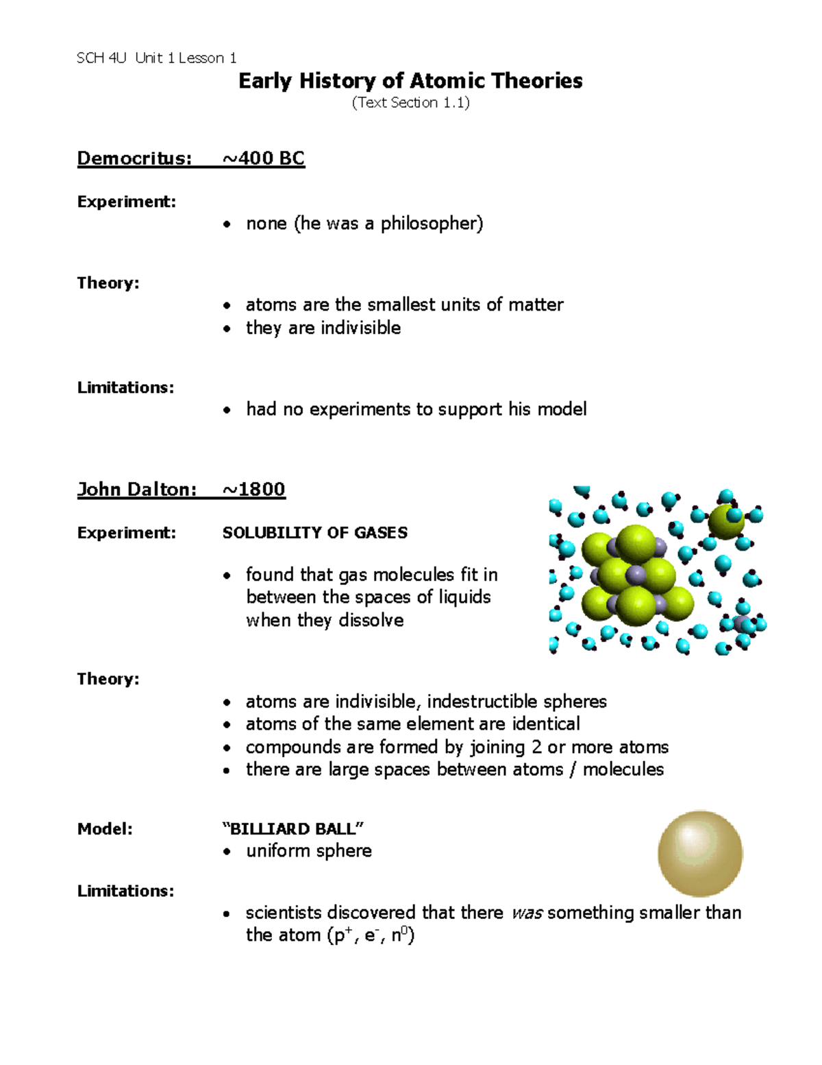 1 Early History of Atomic Theories teacher - SCH 4U Unit 1 Lesson 1 ...