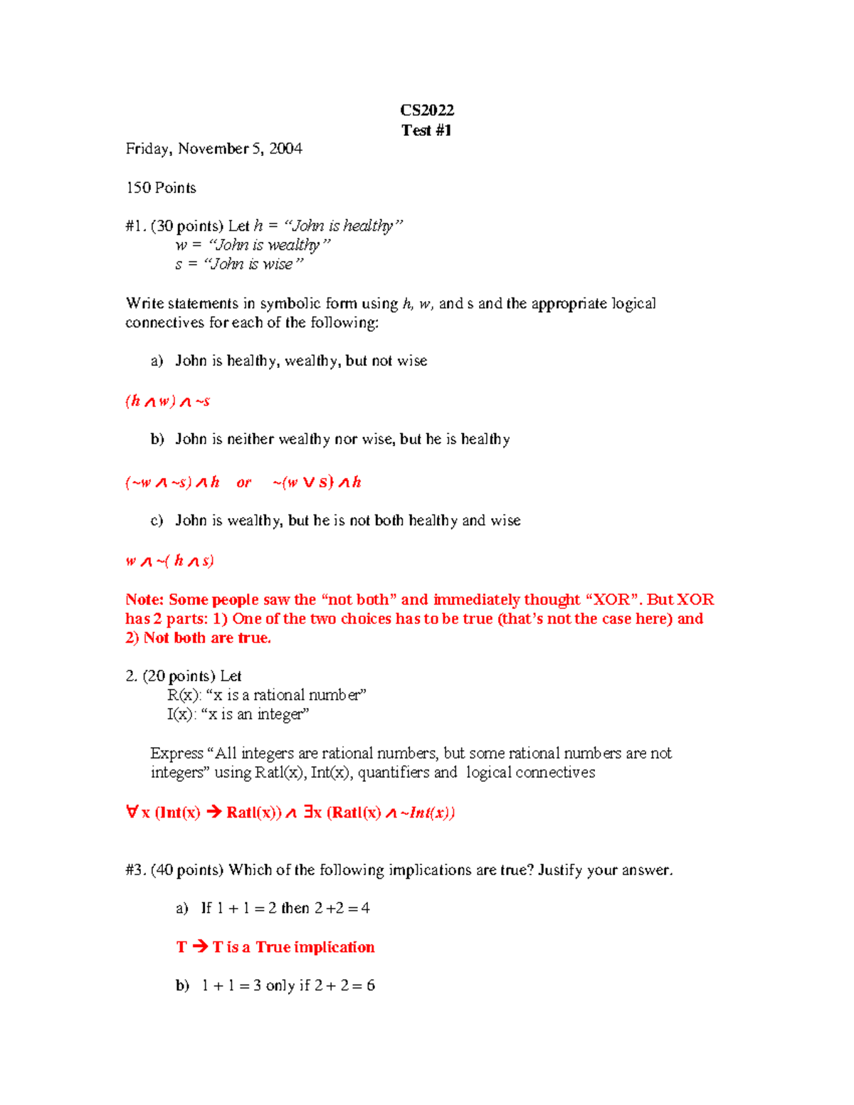007678260 - level - CS Test # Friday, November 5, 2004 150 Points #1 ...
