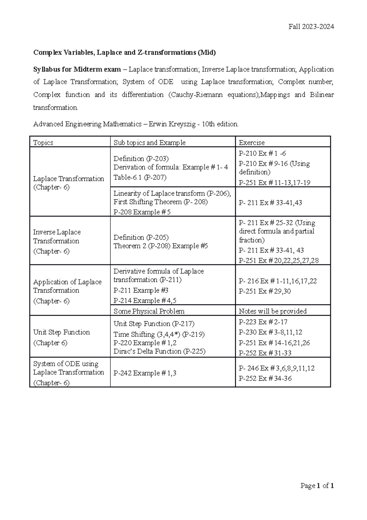 Math 3 exercise sheet Mid Fall 23-24-Laplace transform - Fall 2023- Complex Variables, Laplace ...