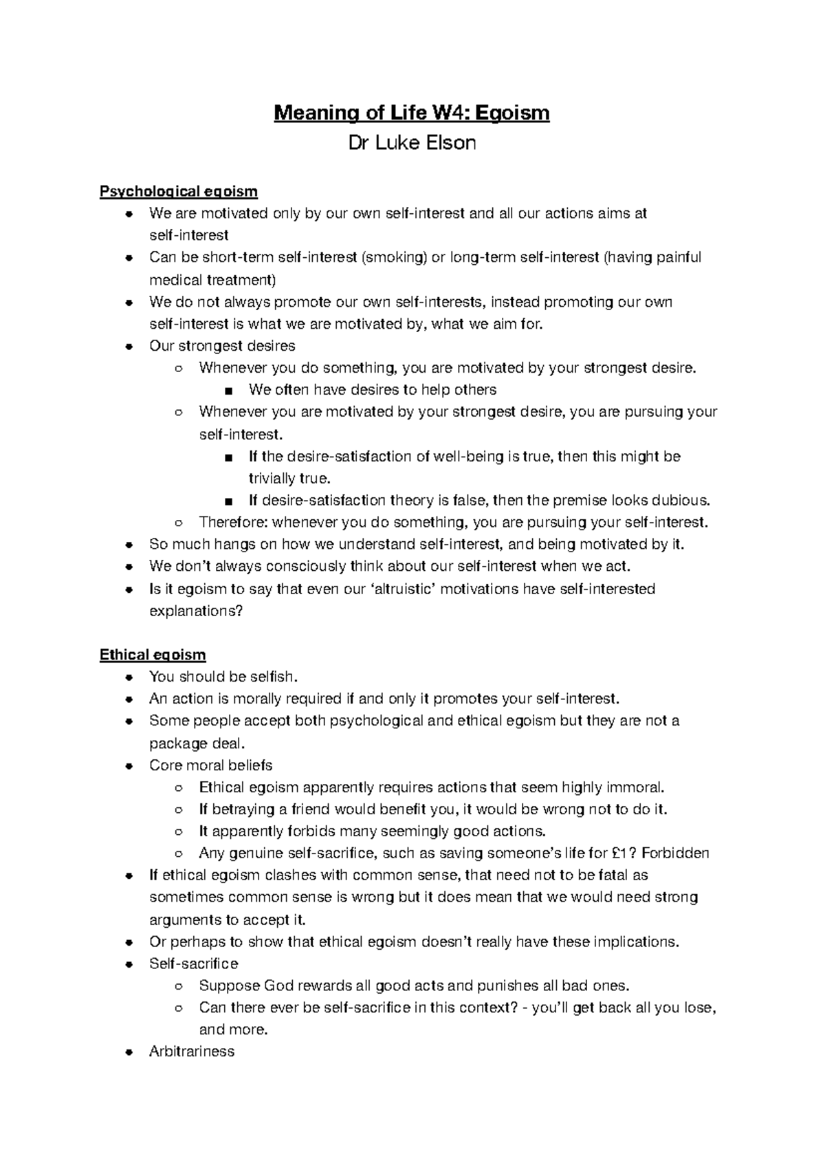 Ethical and Psychological Egoism - Meaning of Life W4: Egoism Dr Luke ...