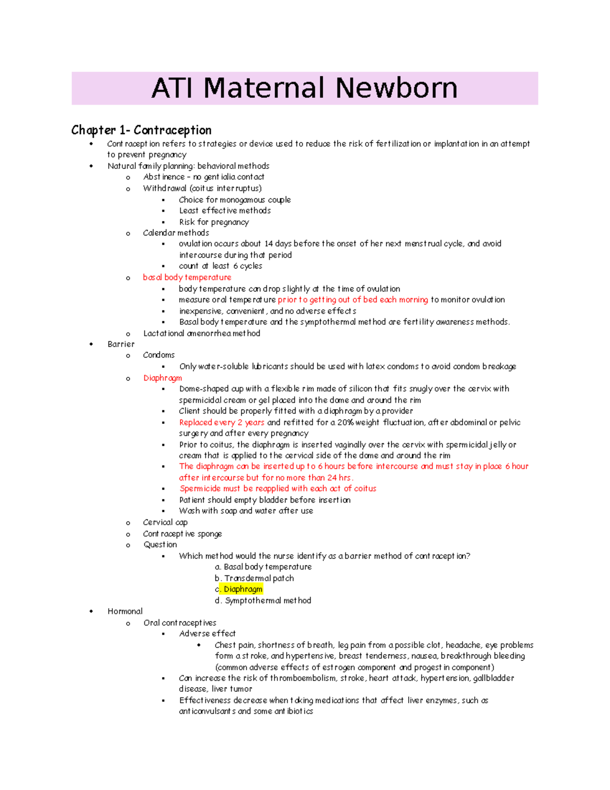ATI-Maternal-Newborn - ATI Maternal Newborn Chapter 1- Contraception ...