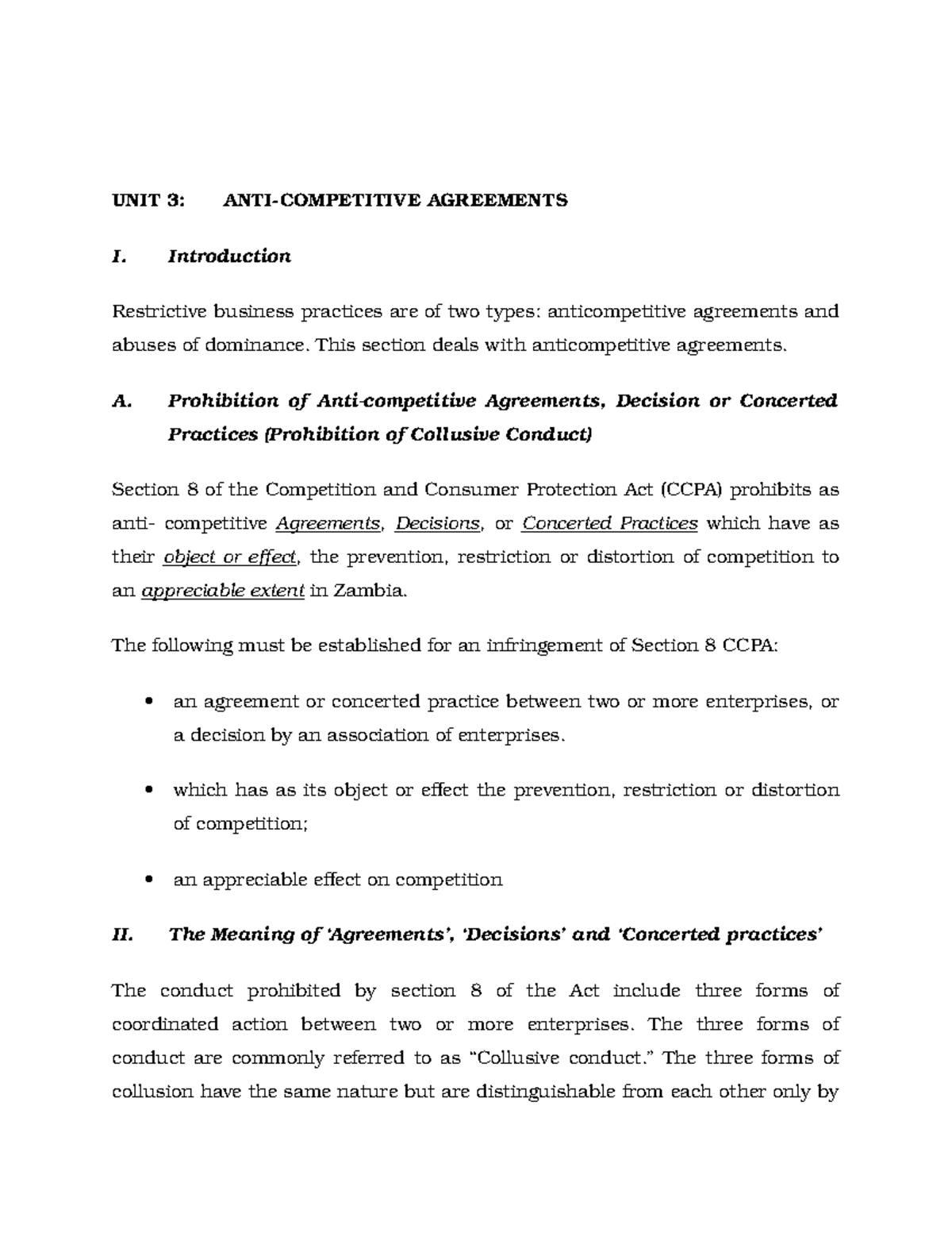Anti-Competitive Agreements Zambia - UNIT 3: I. ANTI-COMPETITIVE ...