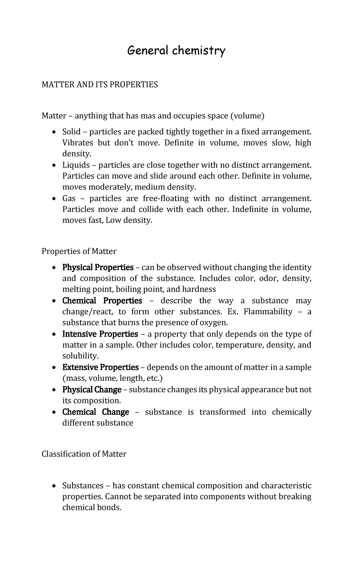 Chemistry Notes 1 - General chemistry MATTER AND ITS PROPERTIES Matter ...