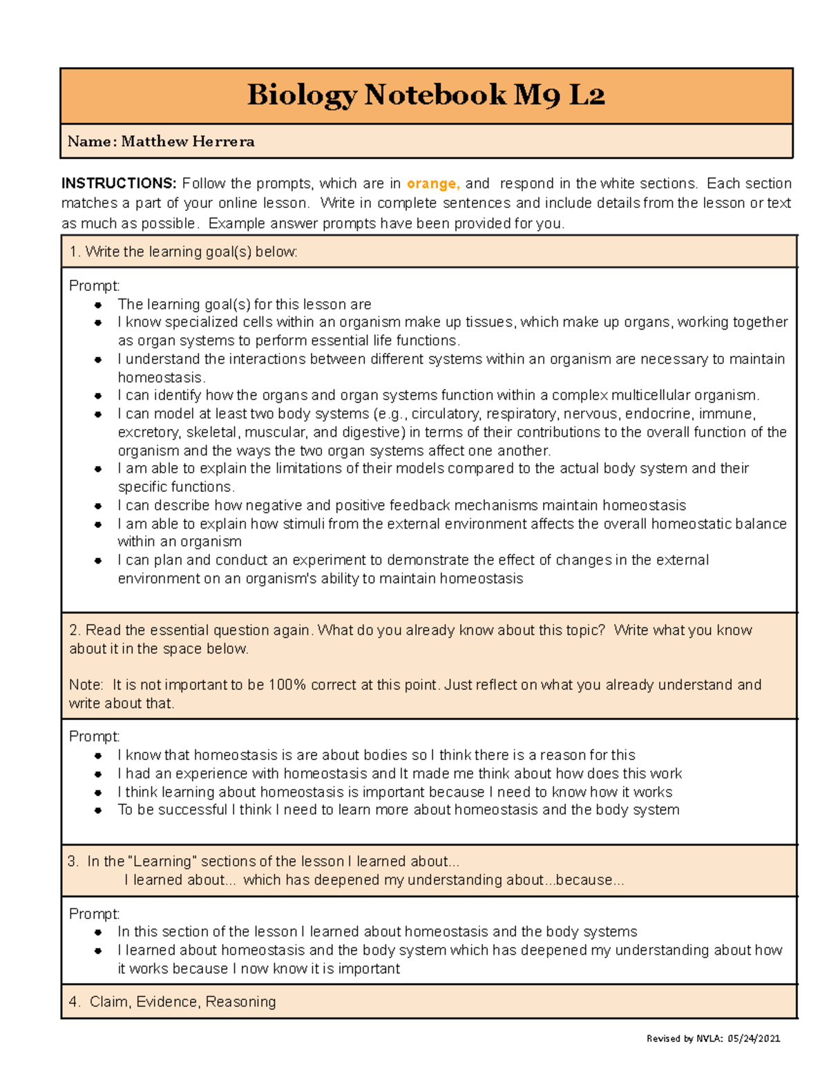 Copy of M9L2 Bio Notebook - Biology Notebook M9 L Name: Matthew Herrera ...