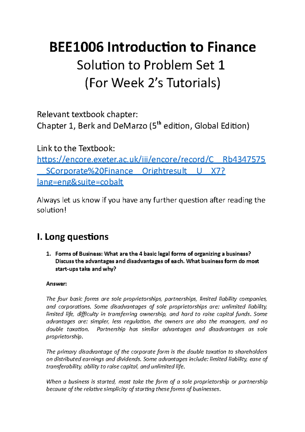 Solution To Problem Set 1 BEE1006 Introduction To Finance Solution To solution-to-problem-set-1-bee1006-introduction-to-finance-solution-to