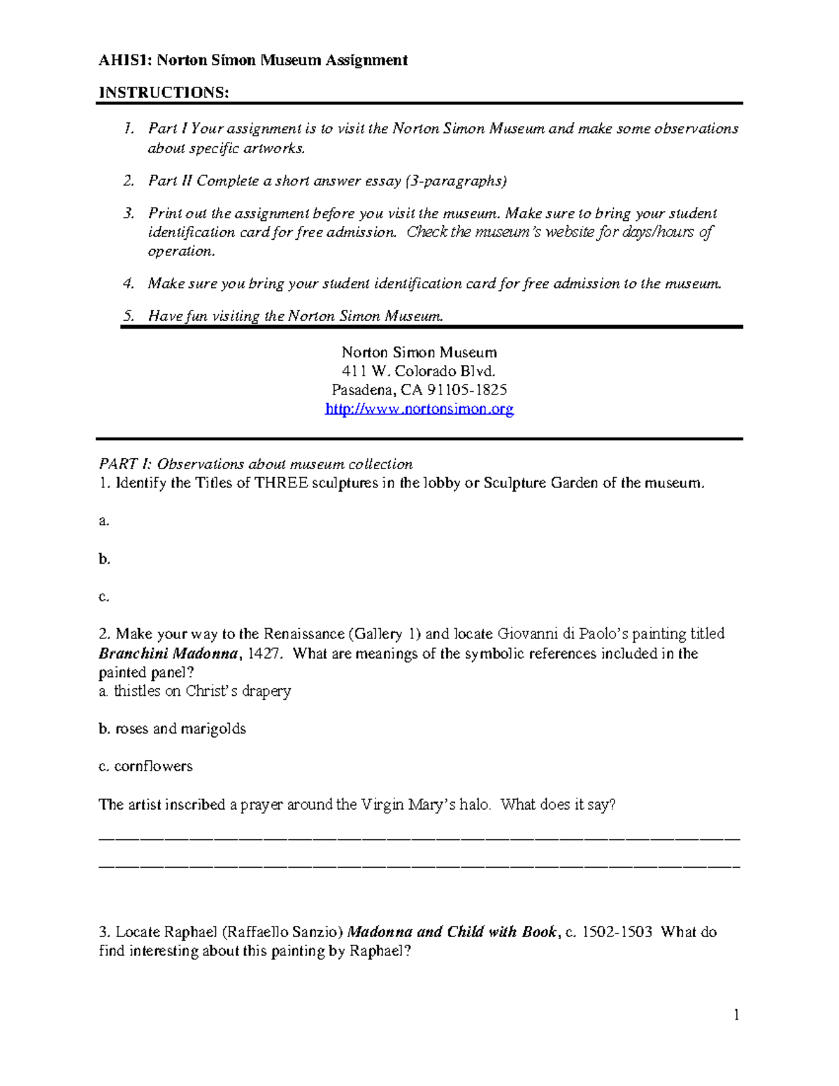 Norton Simon Assignment - AHIS1: Norton Simon Museum Assignment ...