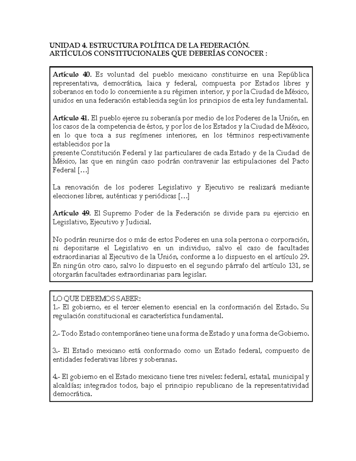 Unidad 4 - UNIDAD 4. ESTRUCTURA POLÕTICA DE LA FEDERACI”N. ARTÕCULOS CONSTITUCIONALES QUE ...