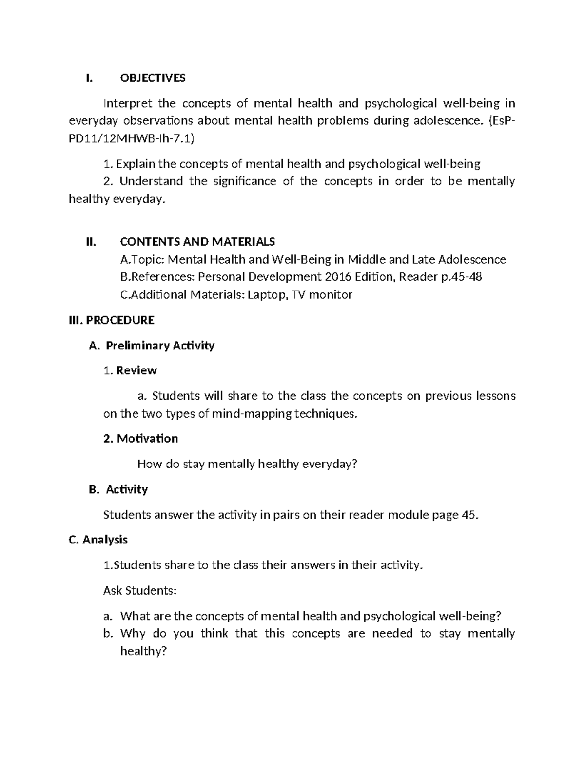 LP Reference Mental Health - I. OBJECTIVES Interpret the concepts of ...