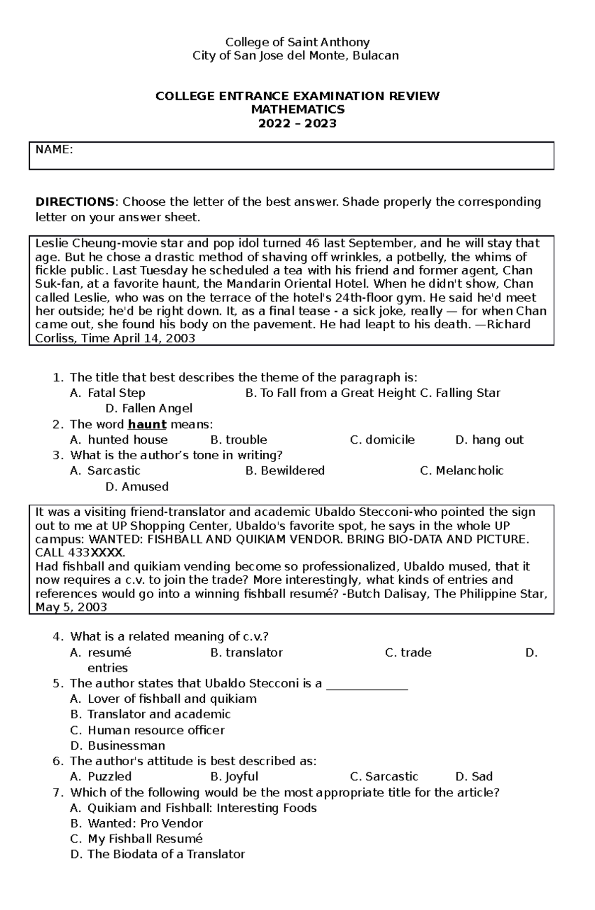 Questionnaire-Reading Comprehension - College of Saint Anthony City of ...