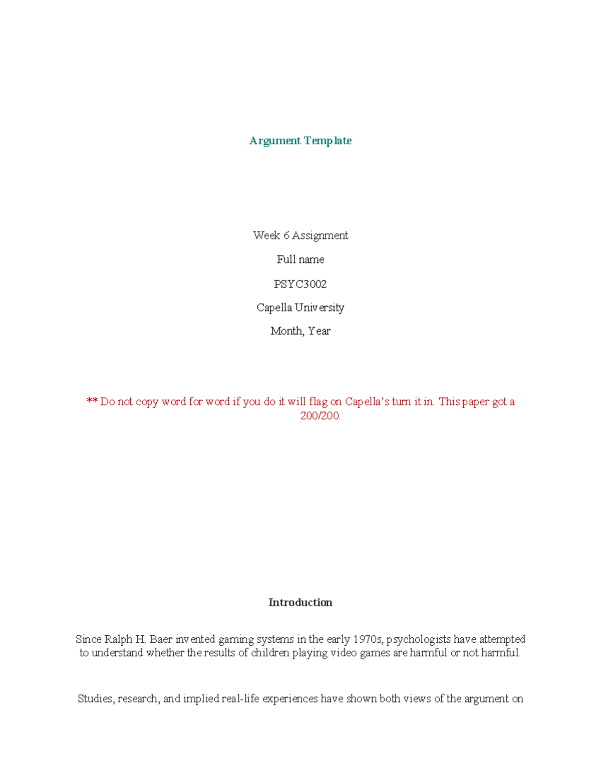 Argument Paper- Psych 3002 - Argument Template Week 6 Assignment Full ...