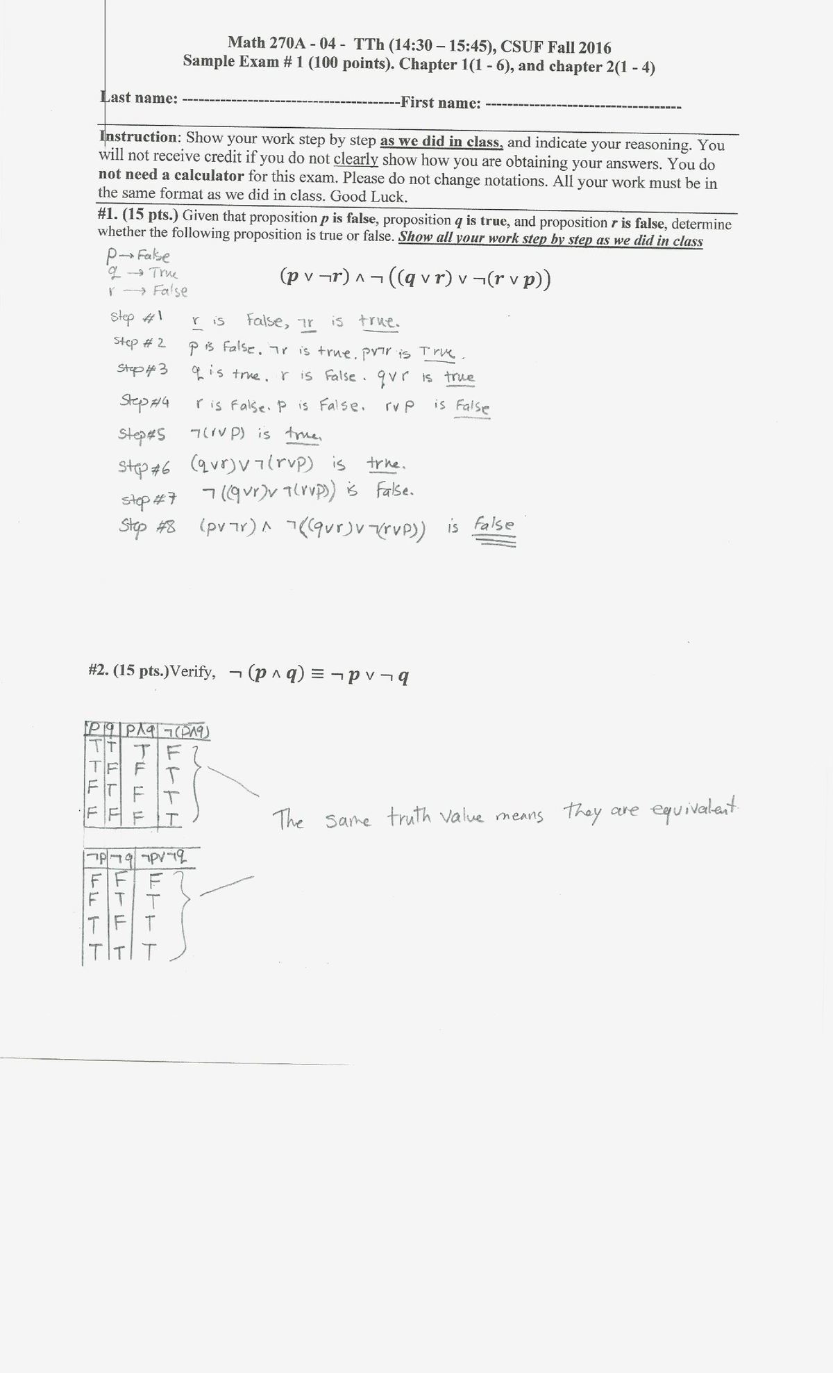 Sample #1 Solutions - This was a practice exam in preperation for the ...