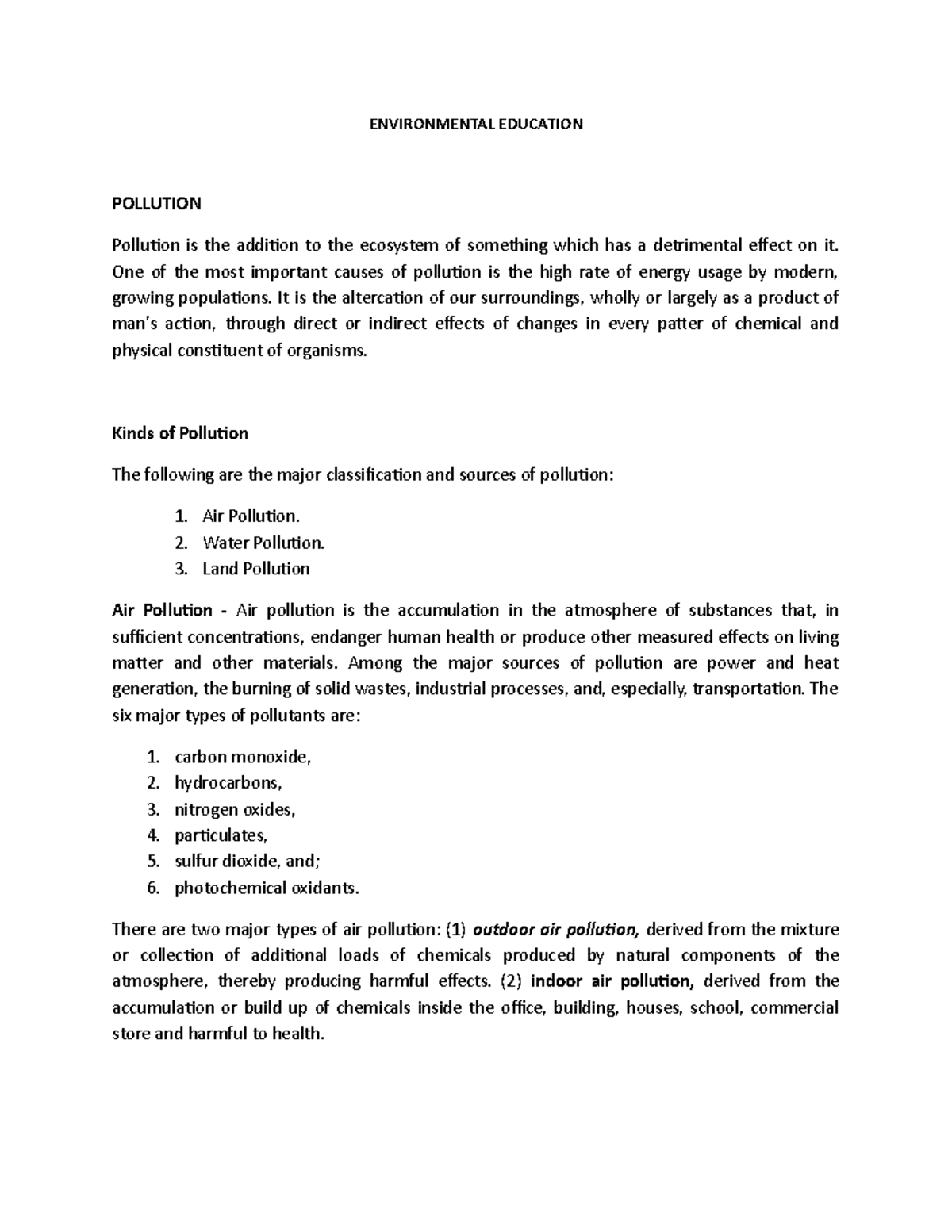 Environmental Education 5 - ENVIRONMENTAL EDUCATION POLLUTION Pollution ...