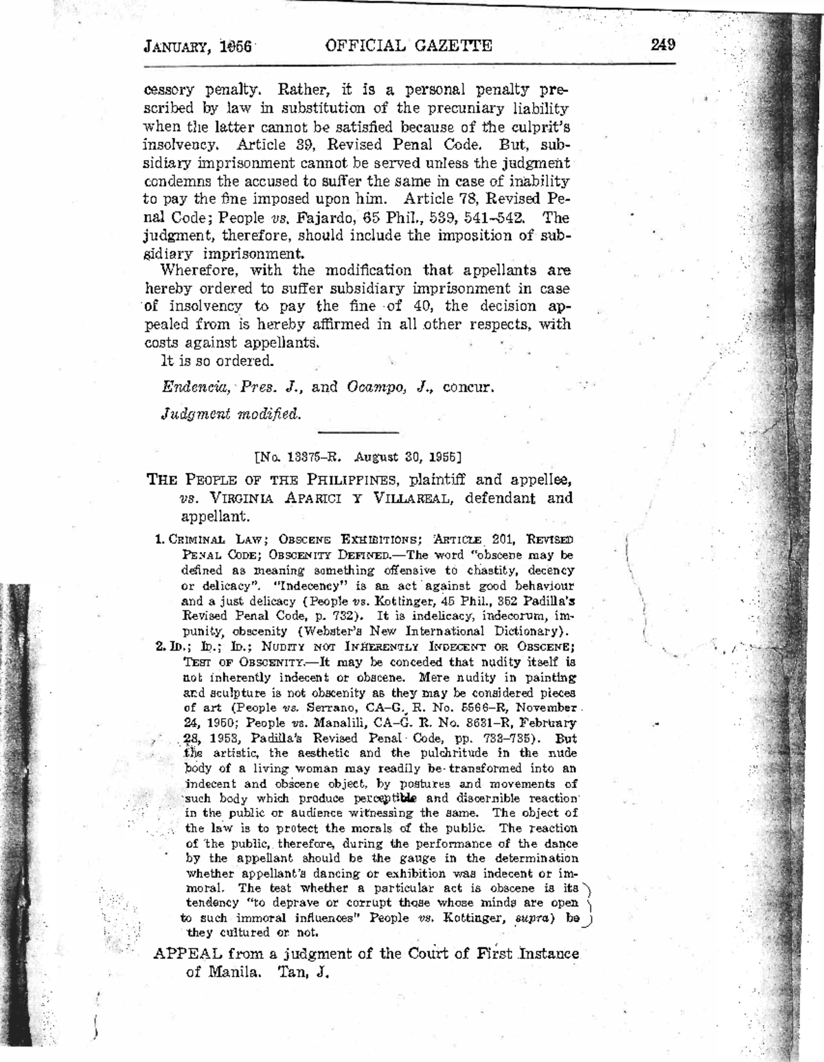 People v. Virginia Aparici y Villareal - JANU䄀刀Y, 11956· OFFICIAL ...