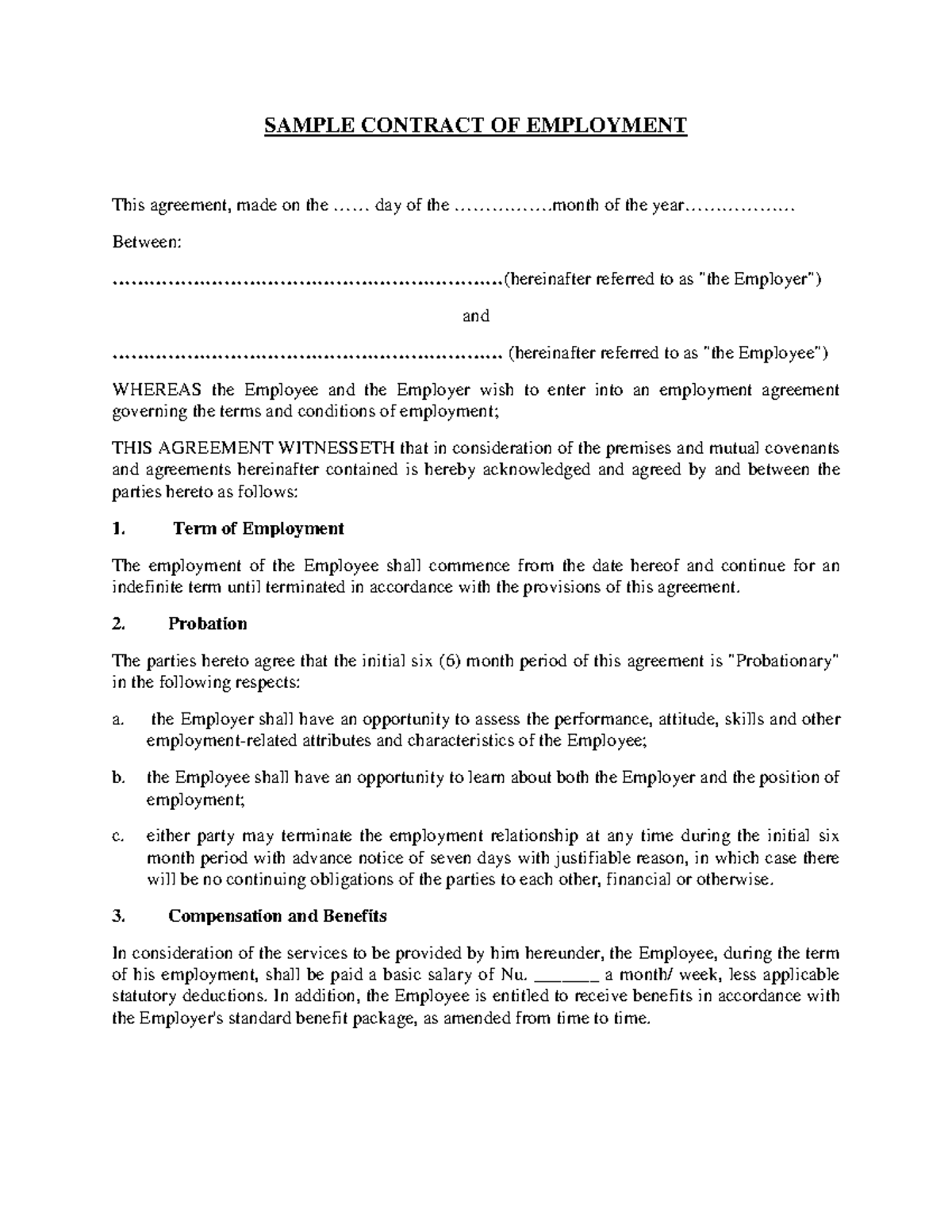 COE-Sample - test - SAMPLE CONTRACT OF EMPLOYMENT This agreement, made ...
