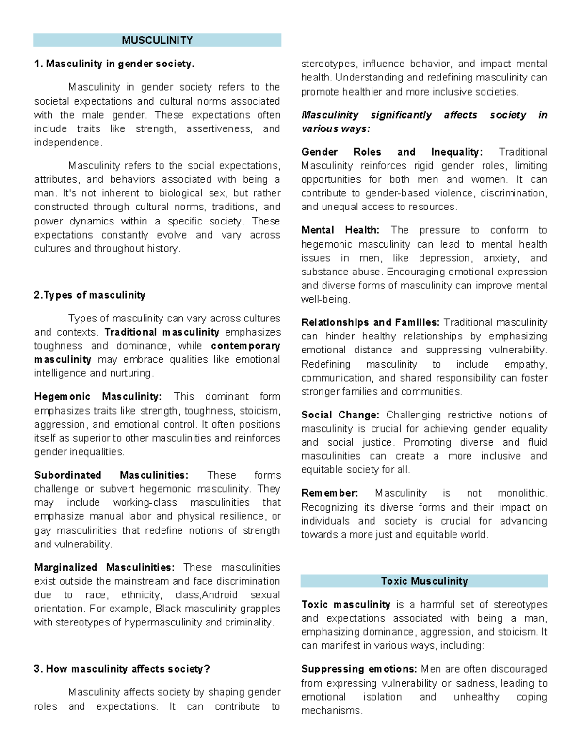 SOC SCI 2 - SEMI EXAM - Summary - MUSCULINITY Masculinity in gender ...