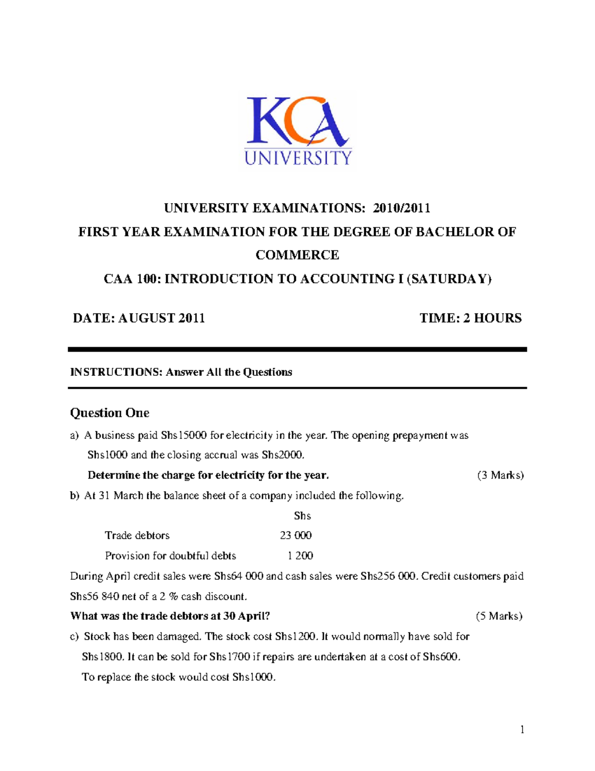 CAA 100 Introduction TO Accounting I ( Saturday) - UNIVERSITY ...