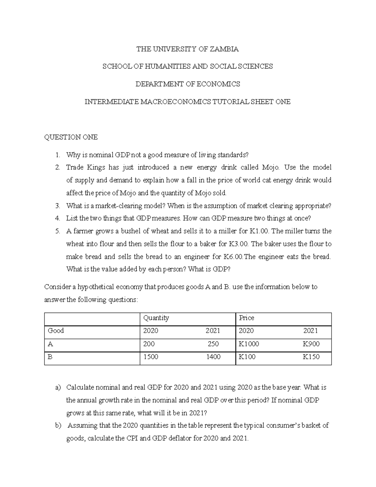 Intermediate Macroeconomics Tutorial Sheet 1 (2023) - THE UNIVERSITY OF ...