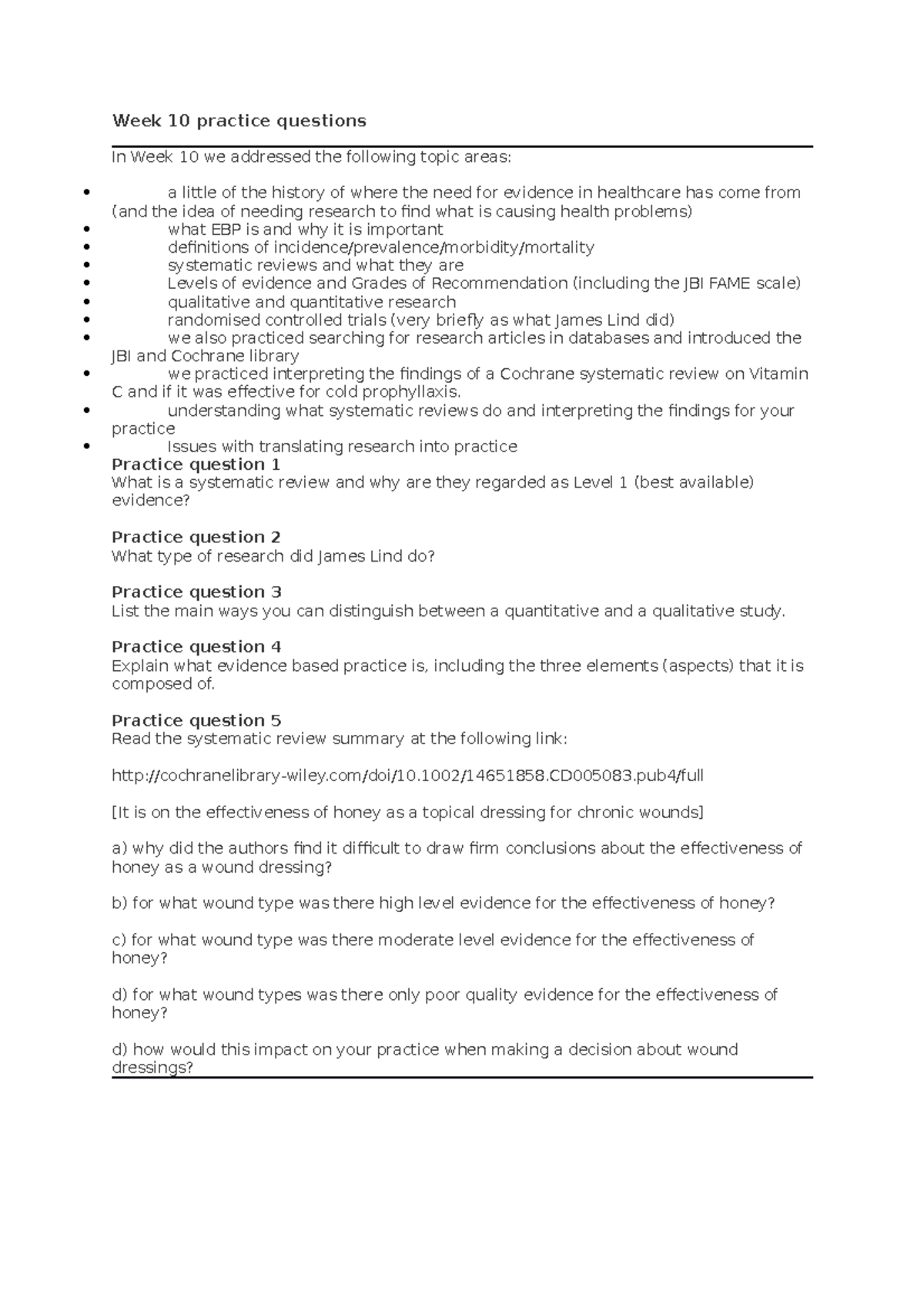 Week 10 practice questions - Week 10 practice questions In Week 10 we addressed the following ...