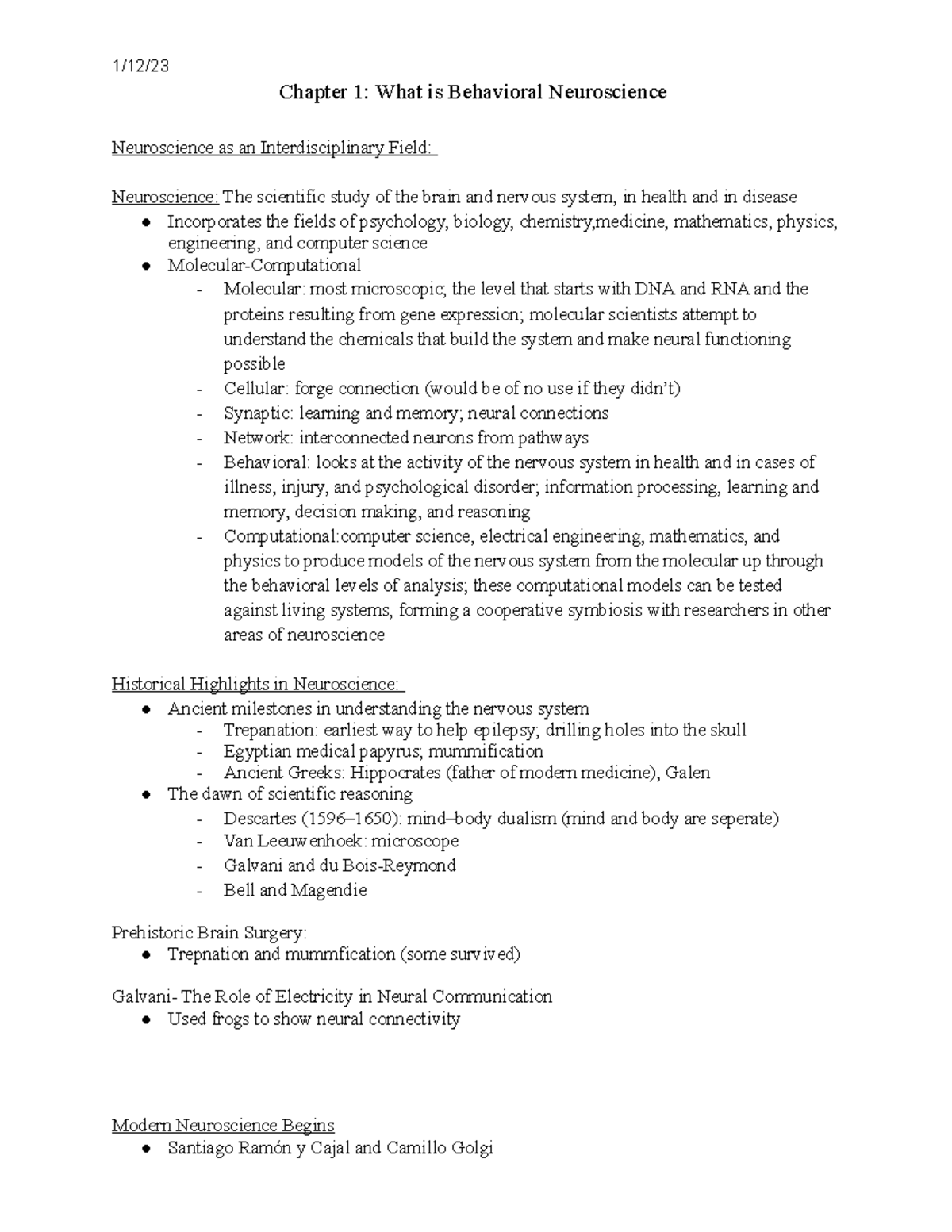 Psych 260 Lesson 1 - Professor Skacel - 1/12/ Chapter 1: What is Behavioral Neuroscience - Studocu