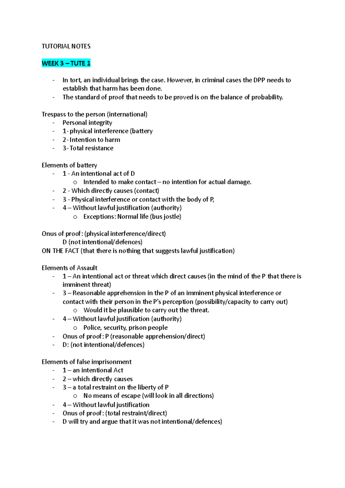 Tutorial Notes Tutorial Notes Week 3 Tute 1 In Tort An Individual Brings The Case However