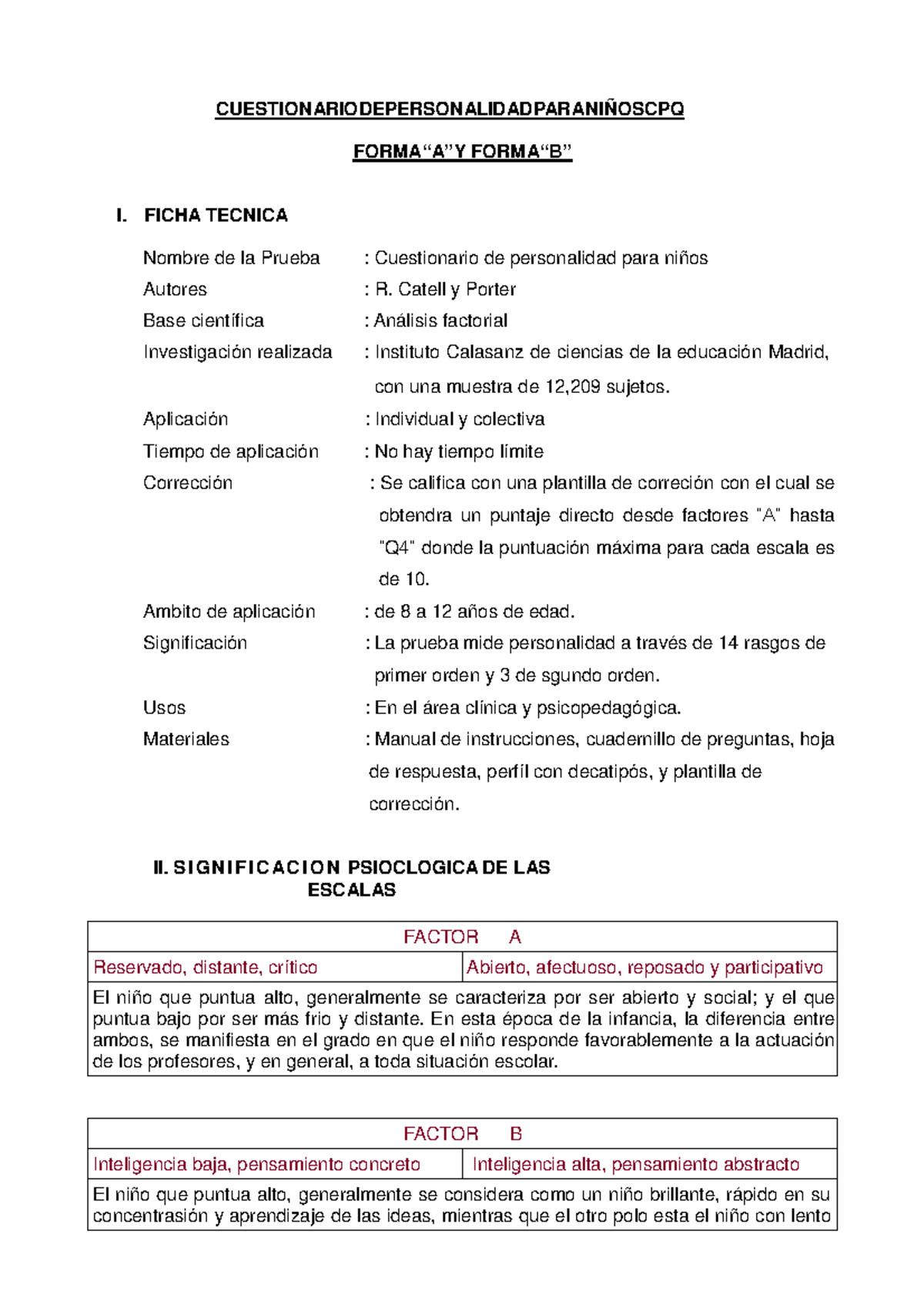 1. Cuestionario DE Personalidad PARA Niños CPQ ...
