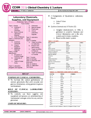 2 CCHM Trans LEC - CCHM321 | BSMLS 2024 CLINICAL CHEMISTRY 1 1 CCHM 321 ...