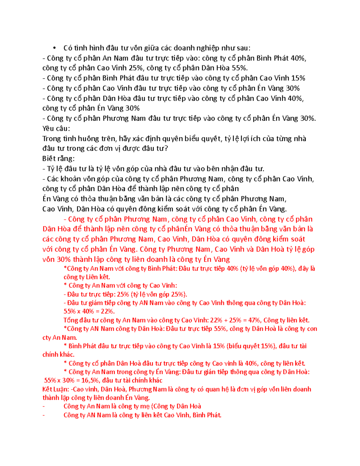 Bai tap tài chính nâng cao - Có tnh hình đầầu t vốốn gi a các doanh nghi p nh sau:ư ữ ệ ư Cống ...