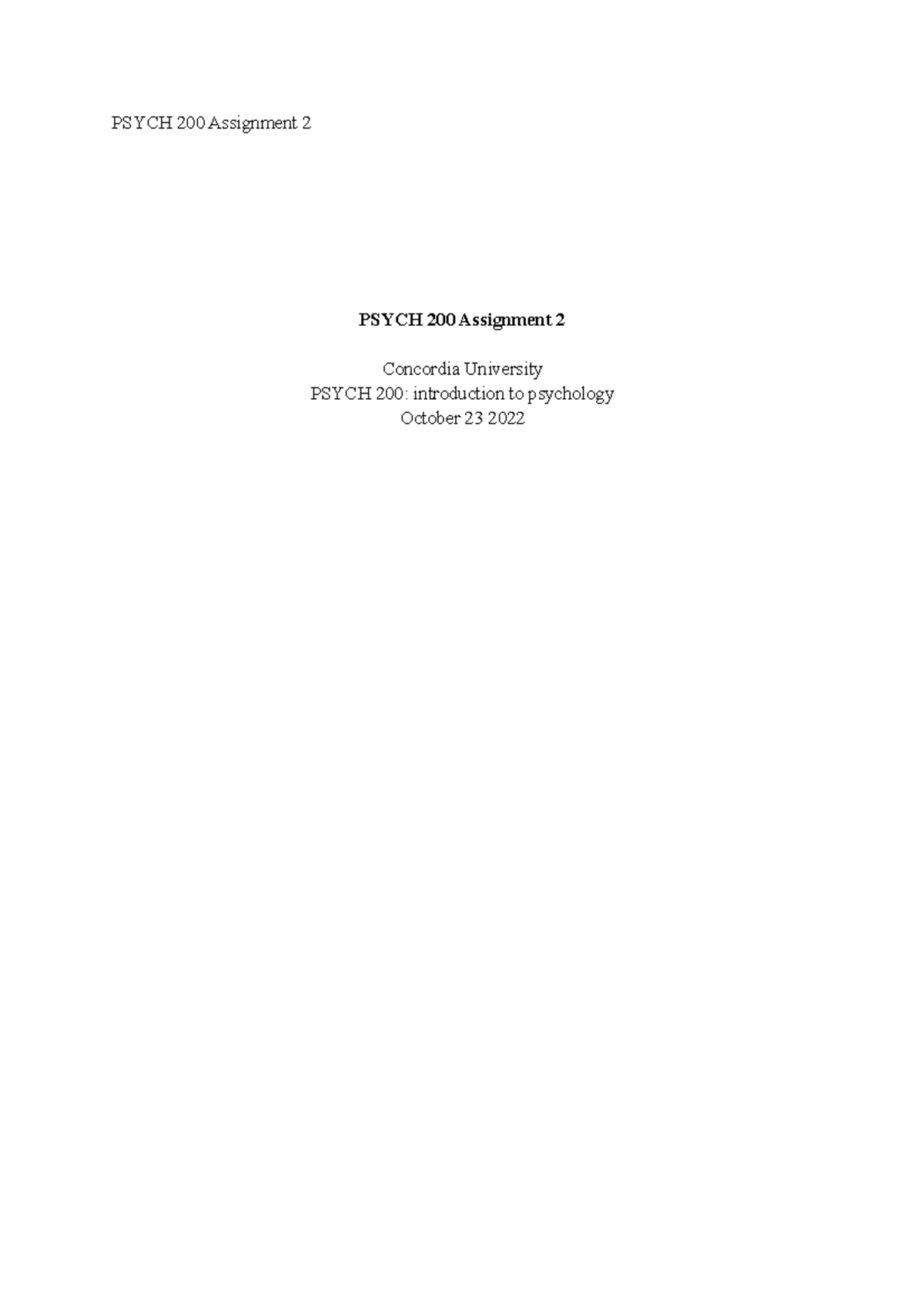 Psych 2nd Short Assignment - PSYCH 200 Assignment 2 PSYCH 200 ...