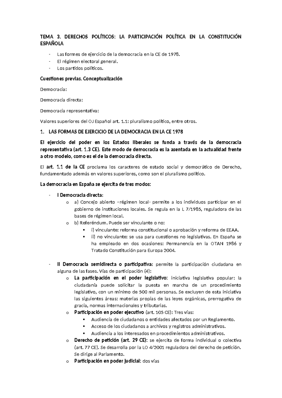 T3. Derechos políticos, la participación política en la CE - TEMA 3. DERECHOS POLÍTICOS: LA ...