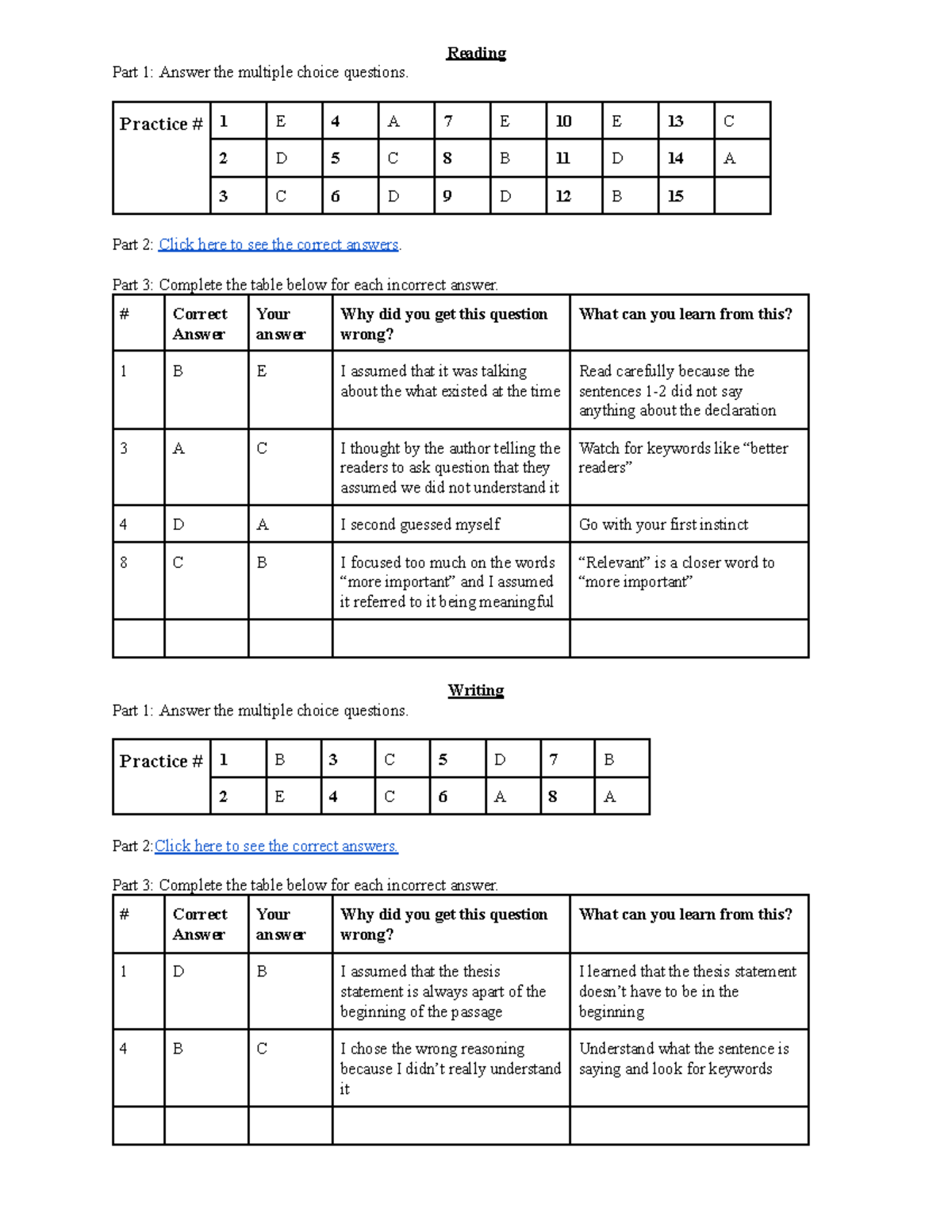Multiple Choice Menu Assignment - Reading Part 1: Answer the multiple ...