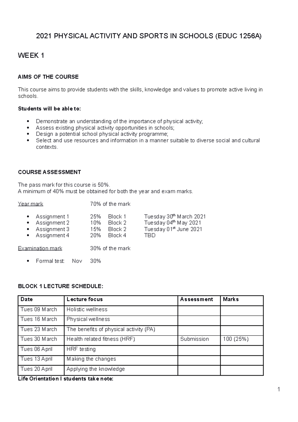2021 Elective block 1 week 1 - 2021 PHYSICAL ACTIVITY AND SPORTS IN ...