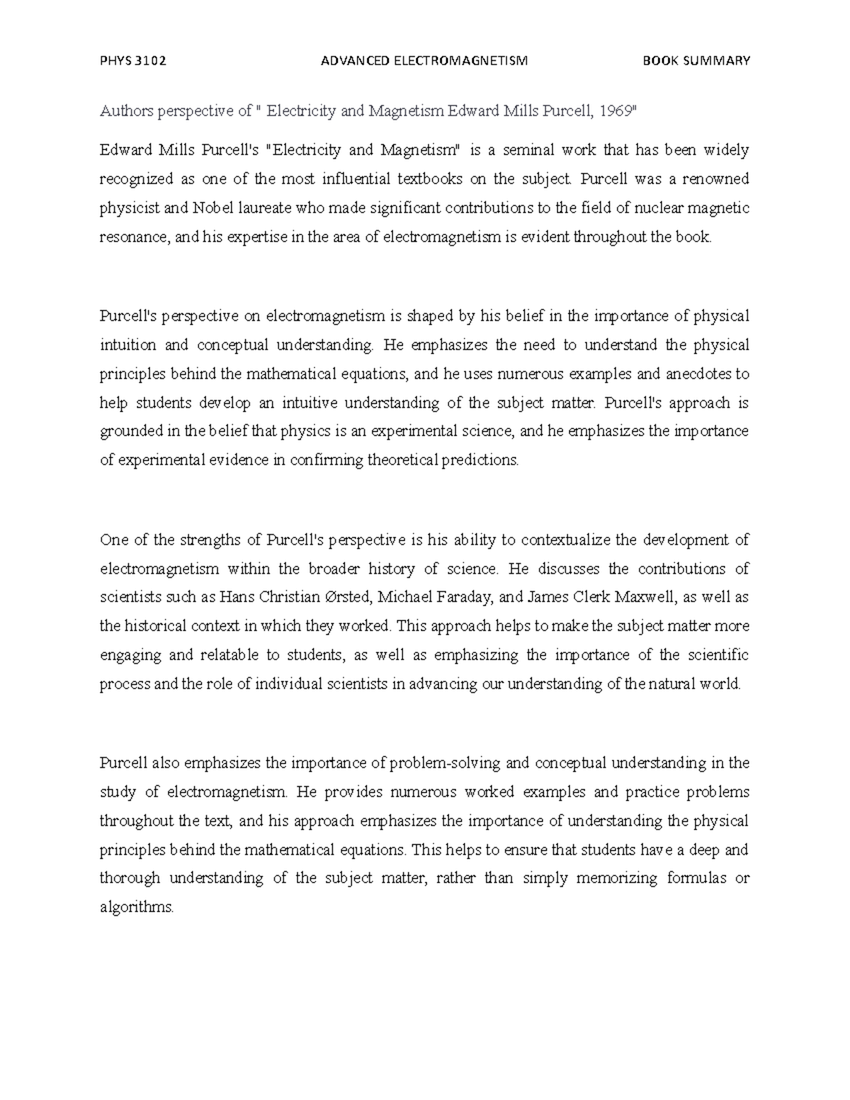 Authors perspective of Electricity and Magnetism Edward Mills Purcell ...