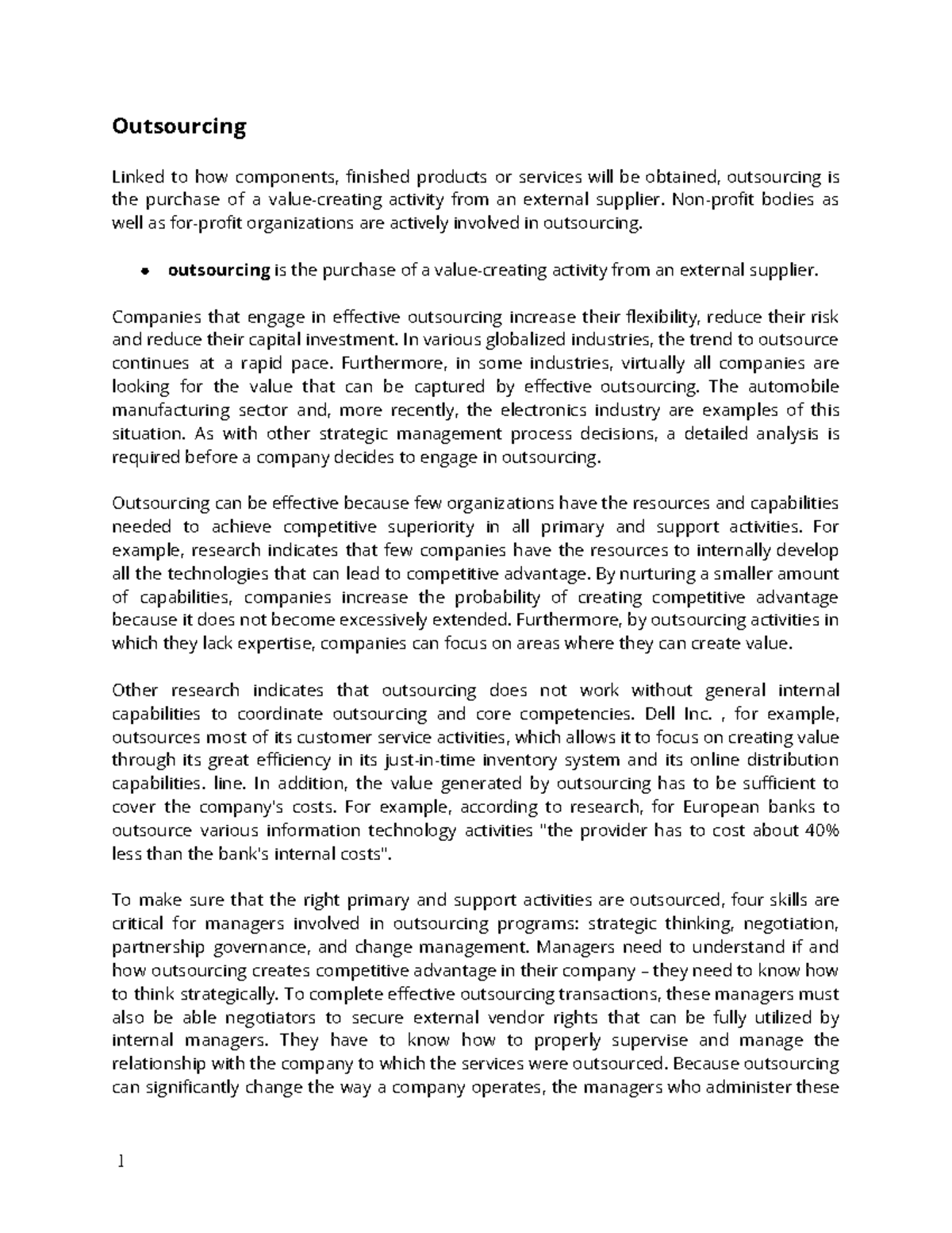 Outsourcing analysis. - Outsourcing Linked to how components, finished ...