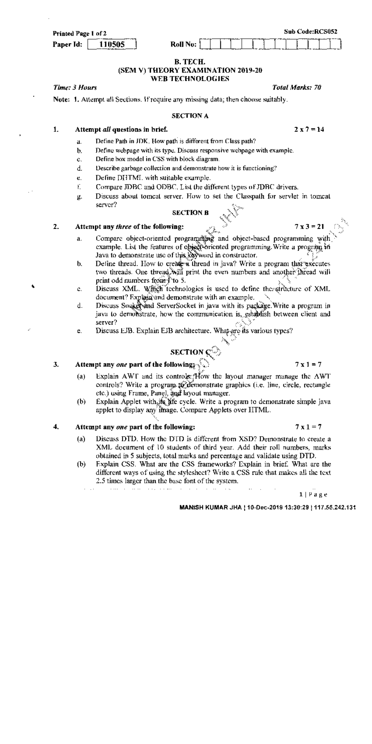 WEB Technologies RCS 052 1 - B.tech - Studocu