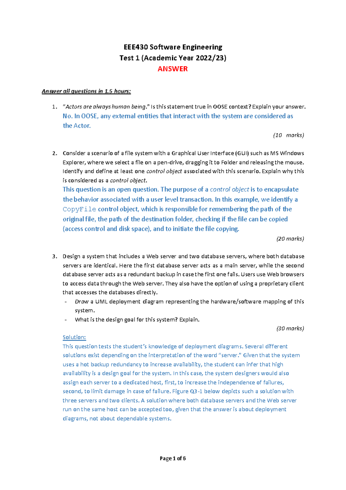 Test 1 Test 1 Answer - EEE430 Software Engineering Test 1 (Academic ...