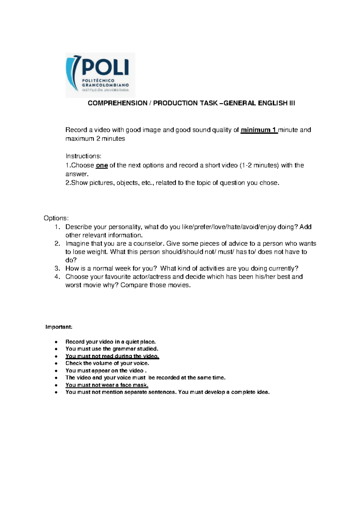 III Comprehension AND Production TASK General English III 2022-1 ...