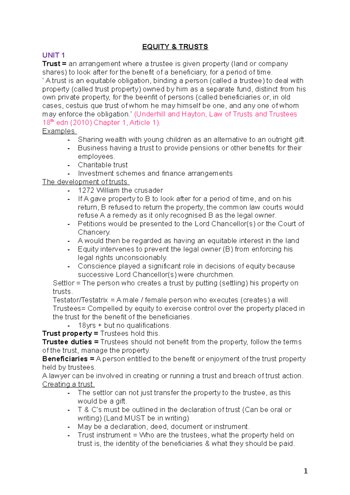 Equity and Trusts FULL Revision Notes - EQUITY & TRUSTS UNIT 1 Trust ...