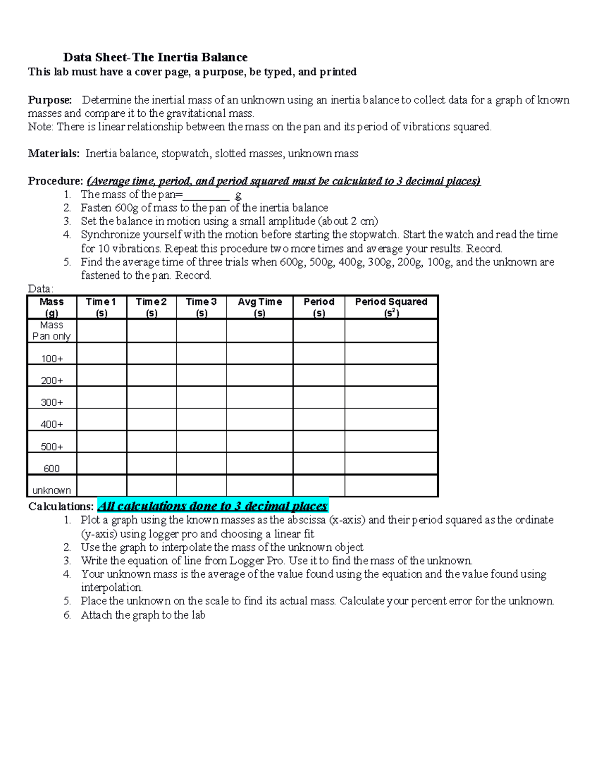 Inertia Balance - Data Sheet-The Inertia Balance This lab must have a ...