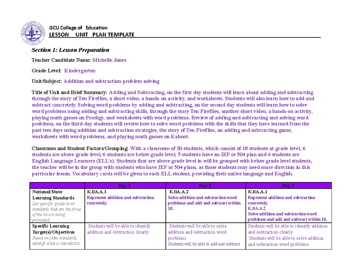 ELM-470 3 day lesson plan MJ 2022 - Section 1: Lesson Preparation ...