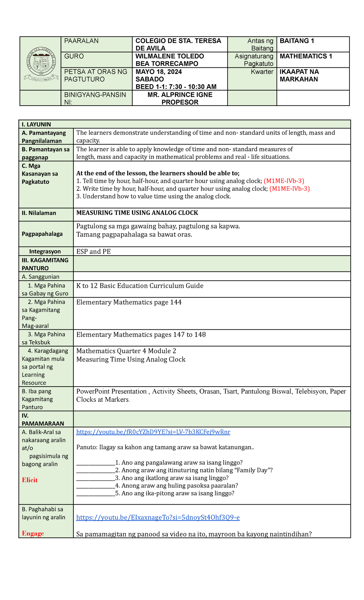 DEMO - Lesson PLAN ( Measuring TIME Using Analog Clock) - I. LAYUNIN A ...