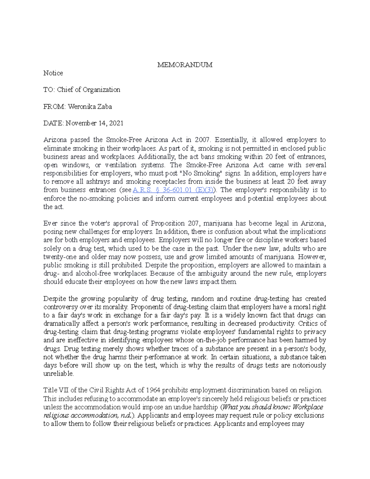 Memorandum Ethical and Legal Issues in Business - MEMORANDUM Notice TO ...