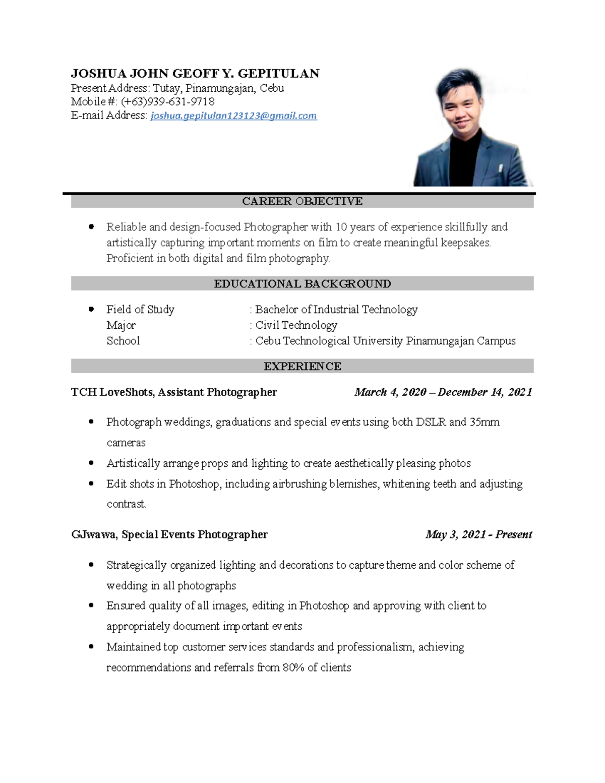 Resume-Gepitulan - Resumes. - JOSHUA JOHN GEOFF Y. GEPITULAN Present ...