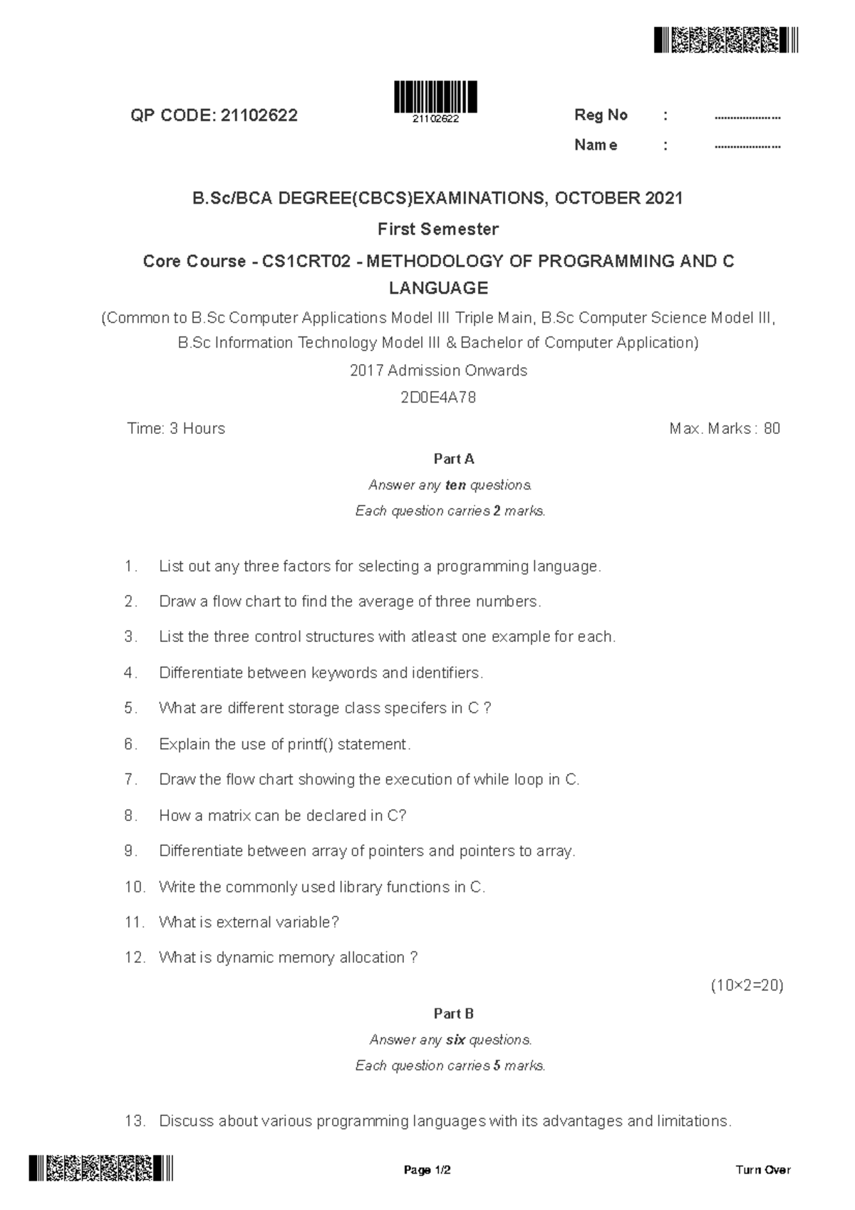 BCA-40 - C,notes - QP CODE: 21102622 Reg No ...