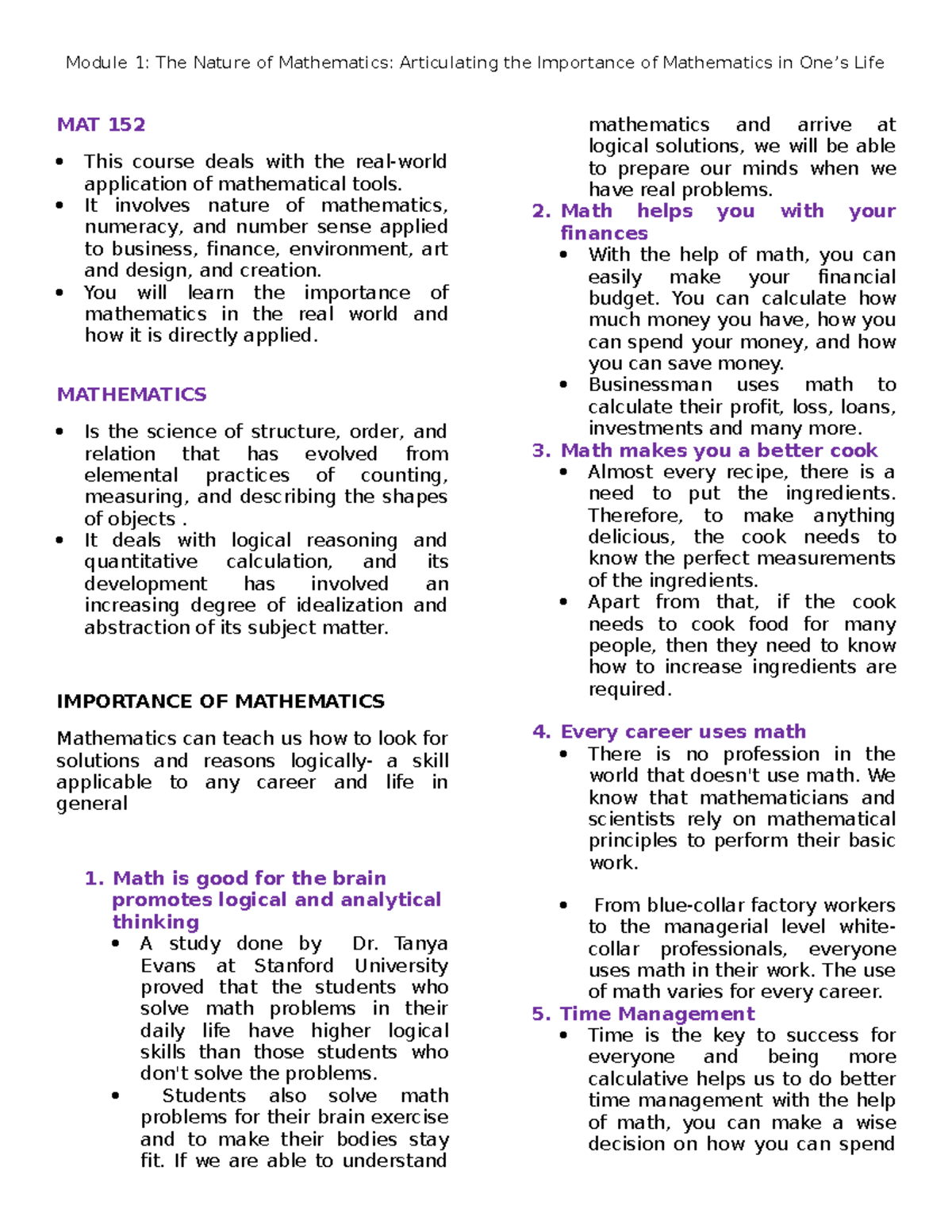 MAT-152 - lecture about mathematics in modern world - Module 1: The ...