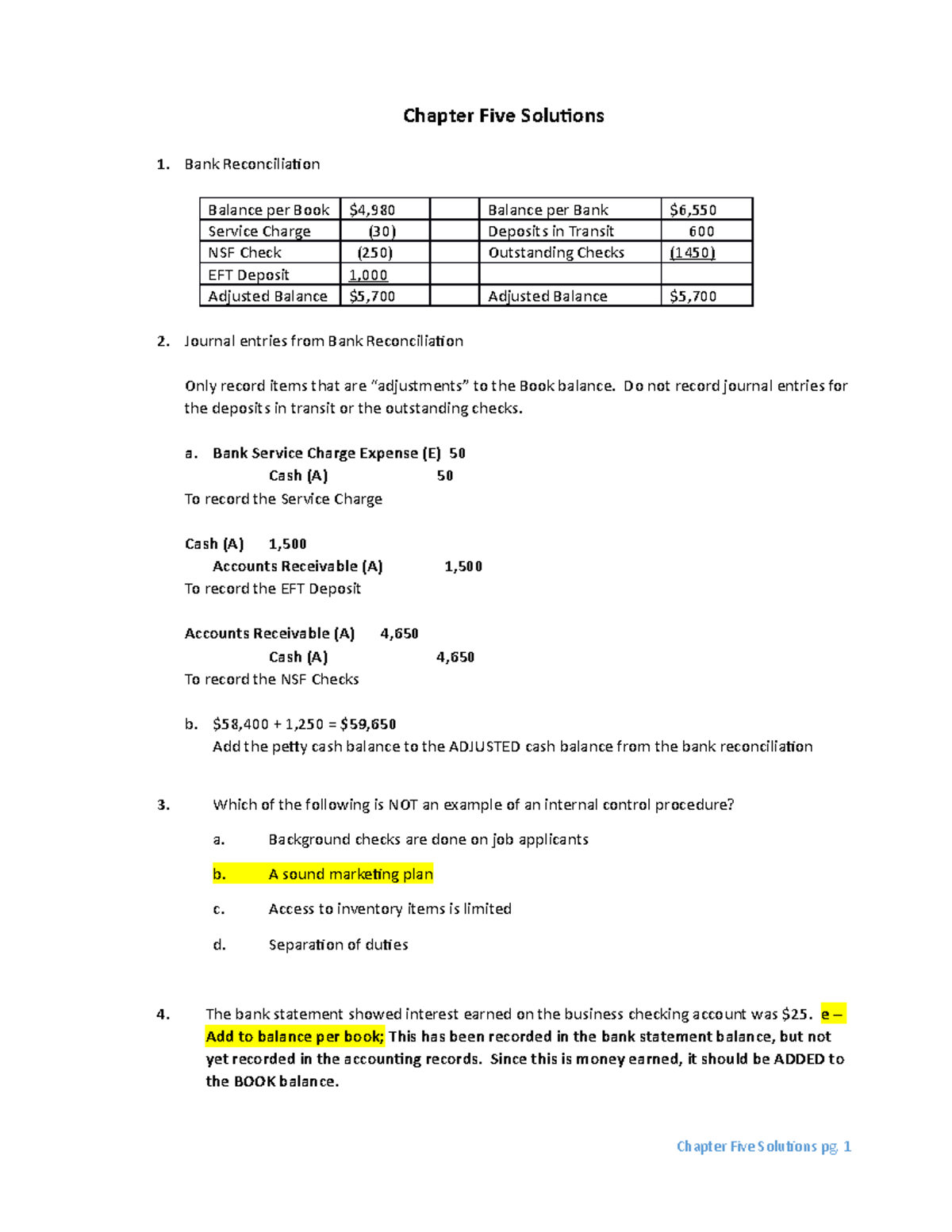 Additional Problems Chapter Five - Solutions - Updated - Chapter Five Solutions Bank ...