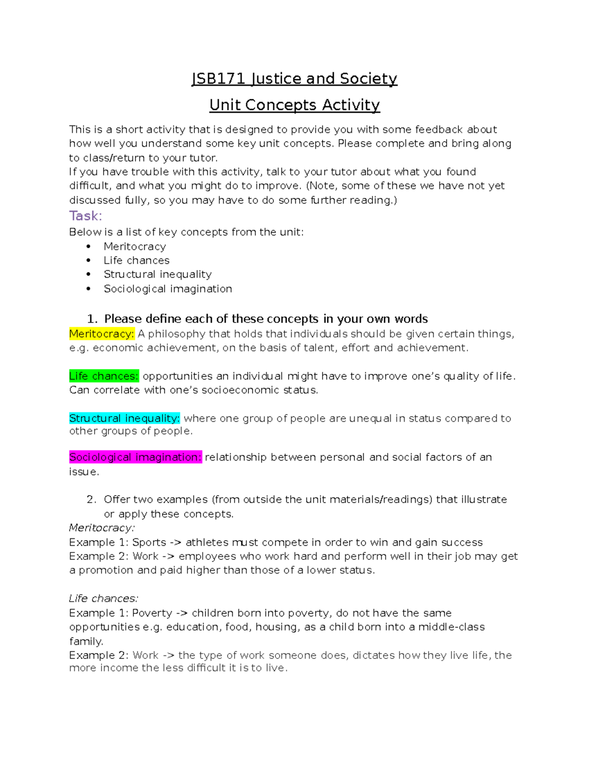 Self assessment of unit concepts - JSB171 Justice and Society Unit ...