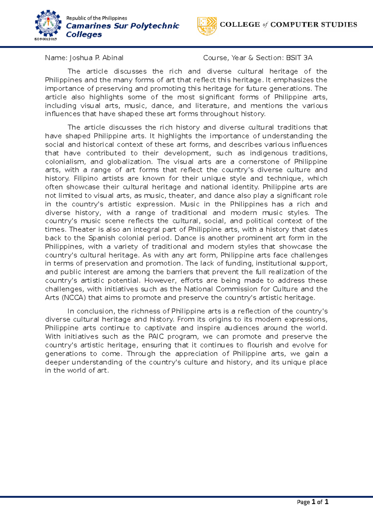 Article Analysis Name Joshua P Abinal Course Year Section Bsit