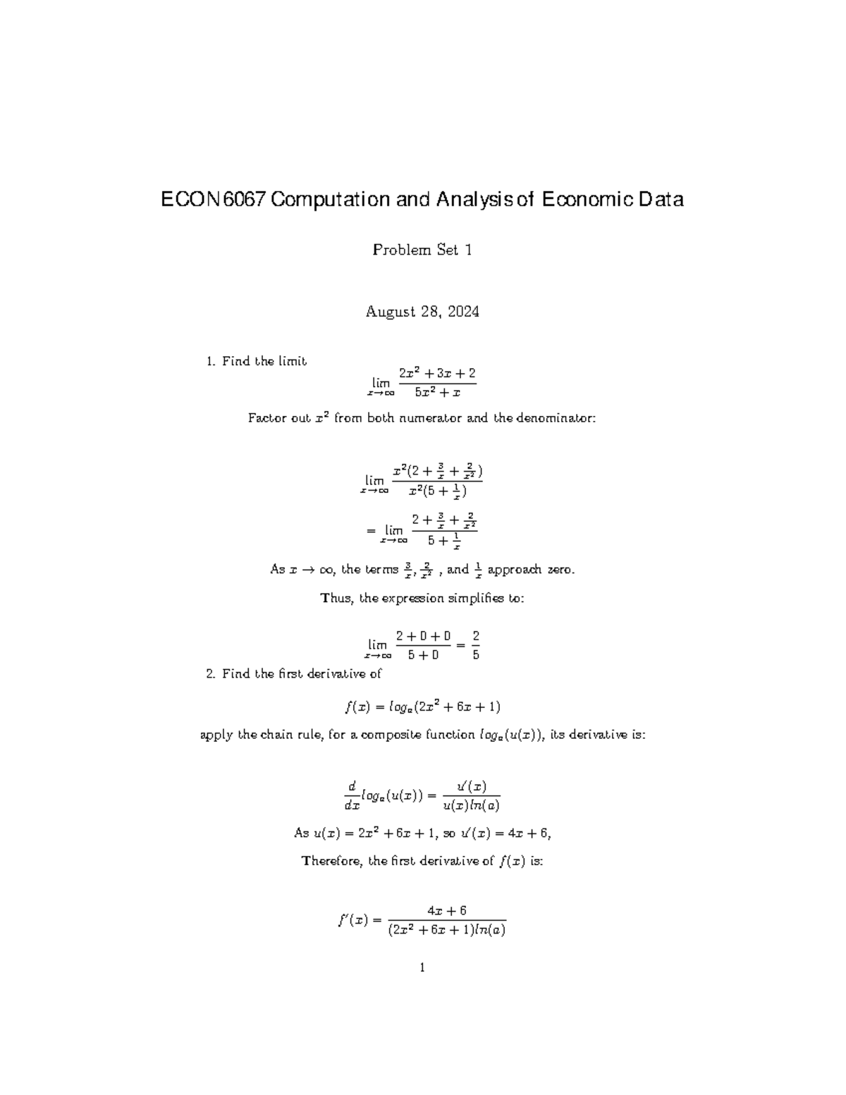 Ps1上交版 - personal answer of problem set 1 - Problem Set 1 August 28, 2024 Find the limit lim x→∞ ...